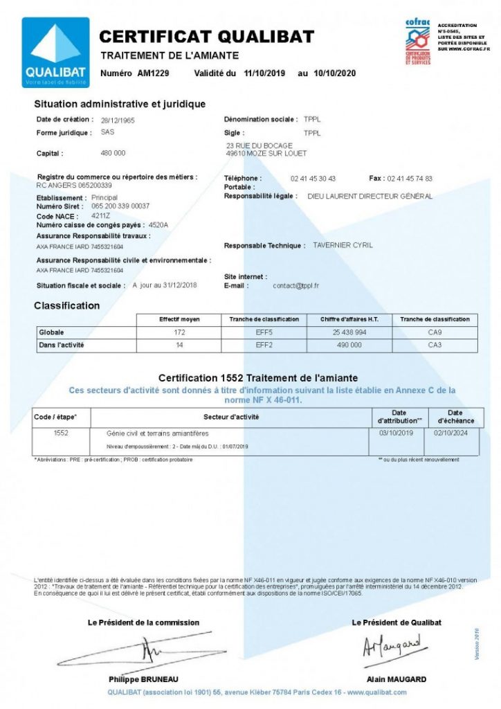 CERTIFICAT QUALIBAT 1552 [Traitement de l’amiante] | TPPL : Travaux ...